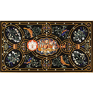 Marble Black Conference Dining Table Top Pietra Dura Inlay Marquetry Decor Wedding Gift | 75"x40" Inches