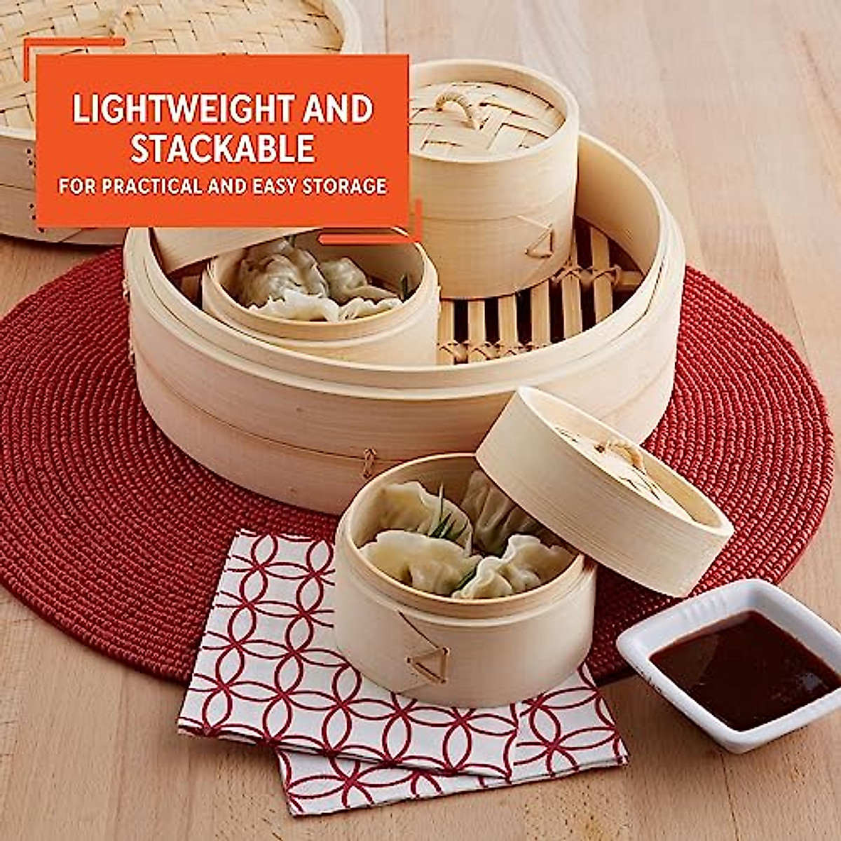 Imusa USA PAN-10015T 10" 2 Layer Traditional Asian Bamboo Steamer, 1 Piece, Tan