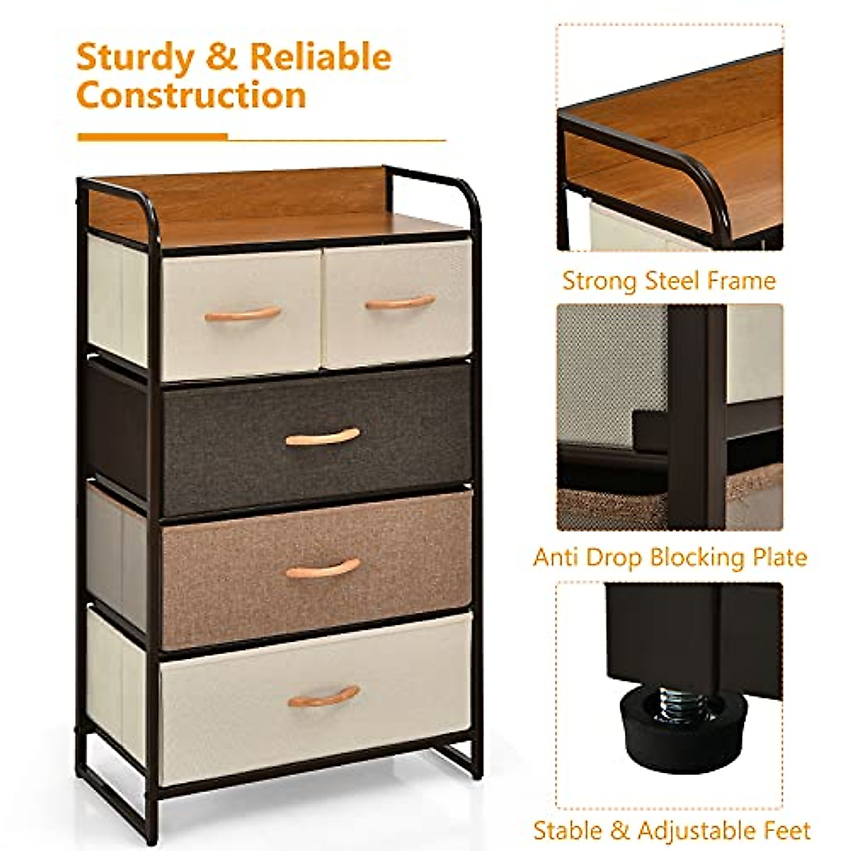 Giantex 5 Drawer Dresser Storage Tower with Fold-able Fabric Drawers, Sturdy Steel Frame & Wooden Top Vertical Organizer Unit for Closets, Bedroom Utility Dresser Chest (23 x 11.5 x 39 inch)