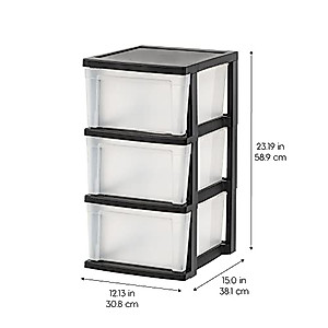 IRIS USA 3-Drawer Plastic Storage Dresser, 2-Pack, Standing Organizer Storage Container Bin with Drawers for Clothes Crafts Classroom Bedroom Dorm, Black/Clear
