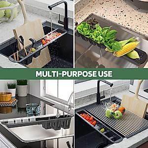 Black Over The Kitchen Sink Caddy Sponge Holder Organizer Drying Rack,Kitchen Soap Dispenser Caddy Organizer, Countertop Soap Dish Rack Drainer with Removable Expandable Drain Tray 11.4" to 22.8"