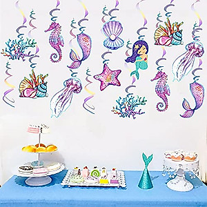 UOMNICUE Mermaid Hanging Swirl Decorations,20 PCS Double Sided Print Mermaid Themed Foil Swirls Dangling Ceiling Streamers Wall Decals for Kids Girls Birthday Baby Shower Under the Sea Party Supplies