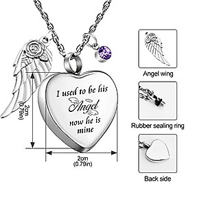 Dletay Heart Cremation Necklace for Ashes Angel Wing Urn Necklace with 12 PCS Birthstones-I Used to be His Angel, Now He is Mine
