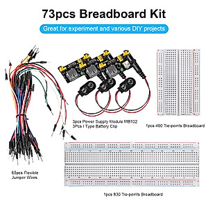 AITIAO Breadboard Kit with 1Pcs 830 & 400 Tie-Points Breadboard 65Pcs Breadboard Jumper Wires 3Pcs Power Supply Module MB 102(5V/3V) 3Pcs I Type Battery Clip