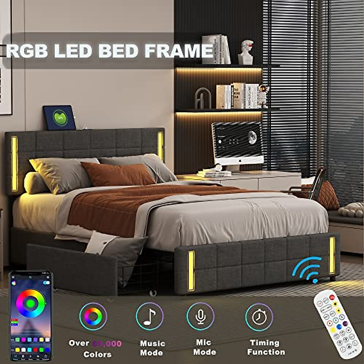 Harper & Bright Designs Queen Size Upholstered Platform Bed with LED Lights and USB Charger, Queen Storage Bed, Linen Platform Bed Frame with 4 Drawers, for Kids Teens Adults (Dark Gray)