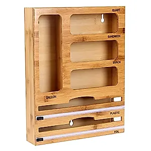 Plastic Wrap Dispenser with Cutter and Ziplock Bag organizer,6 IN 1 Bamboo Foil and Plastic Wrap Organizer for Kitchen Drawer & Wall Mount,Ziplock Bag Storage Organizer for Gallon,Quart,Sandwich,Snack