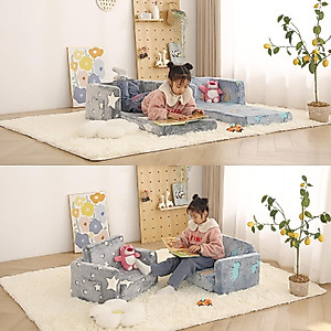 Welnow 2-in-1 Kids Sofa Chair, Glow in The Dark Convertible Toddler Chair Flip Out Children Sofa Chair Folding Kids Play Sofa with Side Pockets & Removable Cover Armrest Chair for Girl or Boy