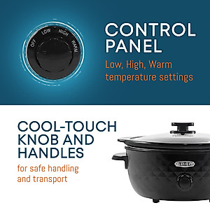 Elite Gourmet MST-1234B## 6 Quart Diamond Pattern Slow Cooker, Removable, Dishwasher-Safe Stoneware Pot with Tempered Glass Lid, Cool-Touch Handles, 6 Quart, Black