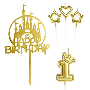 iNINGER Girls Happy 1st Birthday Candles Cake Toppers,Gold Castle Cake Topper,Crown Number 1 Candle for Cake,Candles Cake Cupcake Topper for Baby Birthday Party Decorations 1st Wedding Anniversary