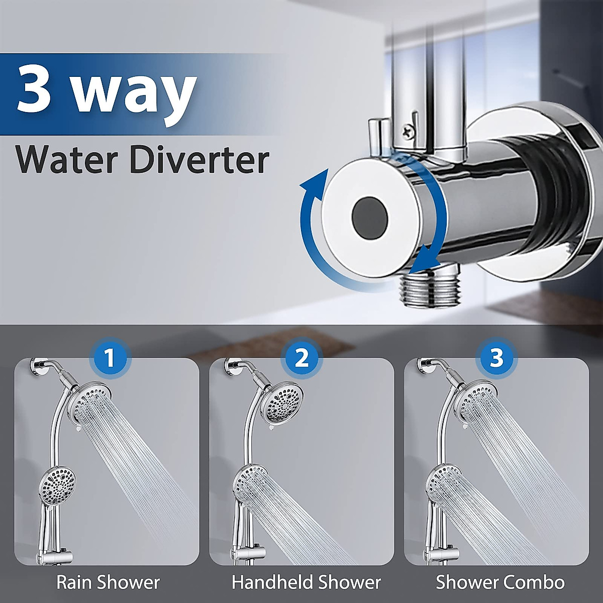 UCLIMAA Rainfall Shower Head with Handheld Shower Spray, with 26" Drill Free Adjustable Height Slider Bar, High Pressure Dual Shower Head Combo, 3-Way Diverter for Easy Reach, 5Ft Hose - Chrome Finish