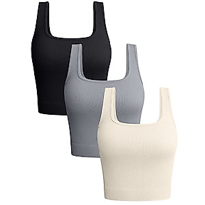 OQQ Women's 3 Piece Tank Tops Ribbed Seamless Workout Exercise Shirts Yoga Crop Tops Black Grey Beige