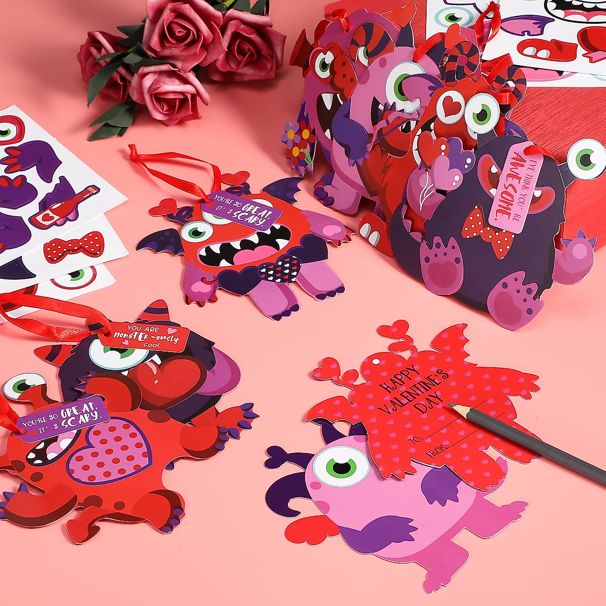 40 Sets Valentine's Day Crafts Kits for Kids, Valentine's Day DIY Monster Cards for Kids, Valentines Paper Craft Hanging Ornament, Valentines Entertainment Activities for Boys Girls School Class Home