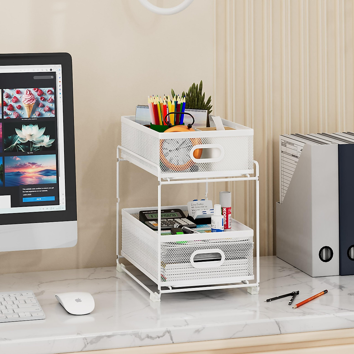 Wkokos 2 Tier Under the Sink Organizer Sliding Metal Basket, Adjustable Mesh Cabinet Storage Organizer -Ideal for Office, Kitchen, Bathroom, White