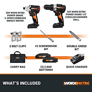 Worx Nitro 20V Brushless 1/2" Hammer Drill Cordless and 1/4" Cordless Impact Driver Combo Kit, Cordless Drill Set with Storage Bag Power Share Compatible WX971L – (Batteries & Charger Included)