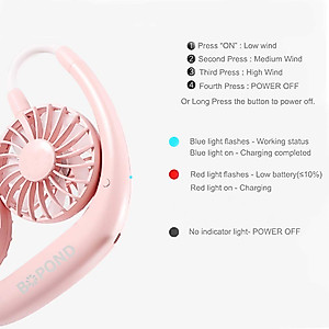 Neckband Fan Hands Free Neck Fan Portable Neck Fans Rechargeable Personal Hanging Neck Fan USB Fan 2000Mah 3 Speed Personal Sports Fan Around Neck for Women - Pink