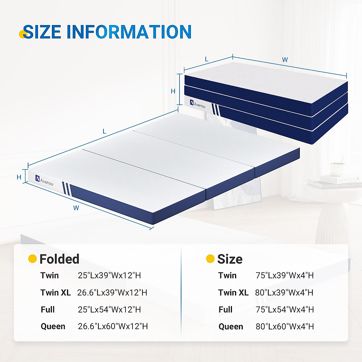 Avenco Folding Mattress Twin XL, Trifold Mattress 4 Inch Memory Foam for Guest Room/Caravan/Camping/Travel Mattress, Tri Folding Mattress Portable with Removable Cover & Non-Slip Bottom, 80"x39"x4"