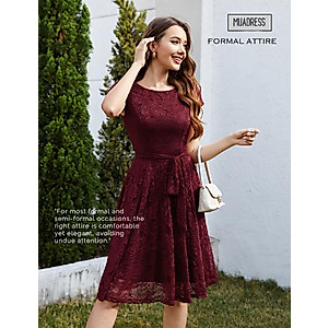 MUADRESS Women Cap-Sleeve Lace Floral Elegant Cocktail Dress Crew Neck Knee Length Bridesmaid Prom Dresses for Party Burgundy XL