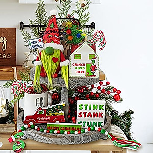 Grinch Christmas Tiered Tray Decor - 6 PCS Christmas Gnome Tiered Tray Decoration, Green Christmas Wood Signs Inspired Christmas New Year Holiday Decor -(Tray Not Included)