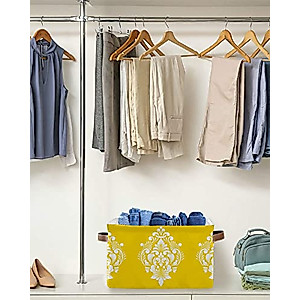 Yellow Storage Bins for Organizing, Decorative Large Closet Organizers with Handles Cubes - 2 Pack Fabric Baskets for Shelves, Closets, Laundry, Nursery, Classical Luxury Damask Texture
