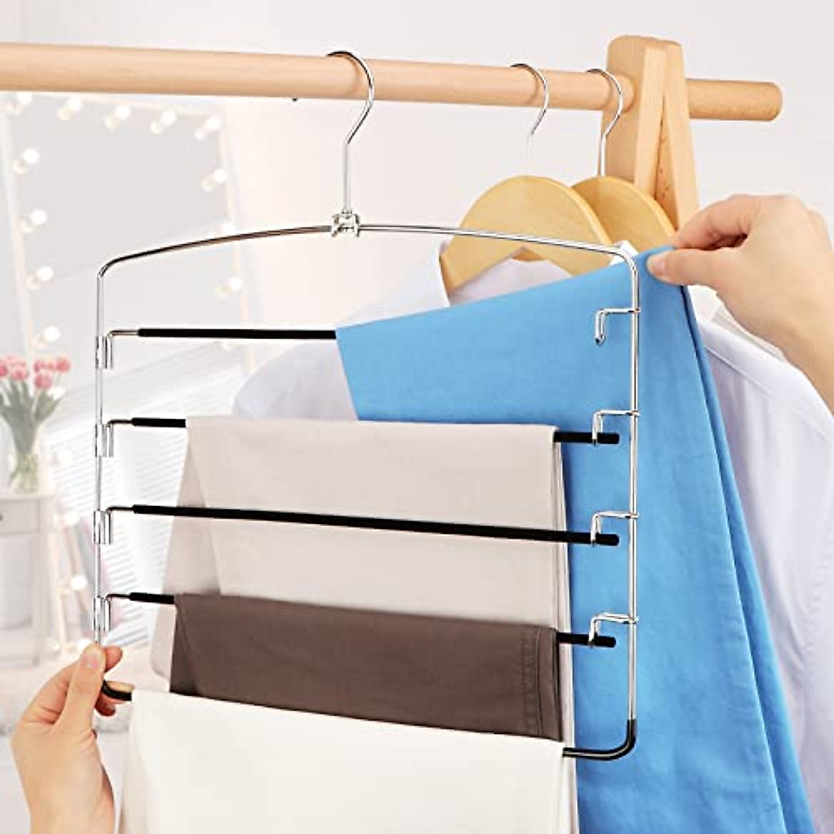 Hangers Space Saving Pants Hanger 2 Packs Non-Slip Stainless Steel Velvet Clothes Hanger, Pant Hangers Space Saving Trousers Scarves Ties Hanger Closet Storage Organizer