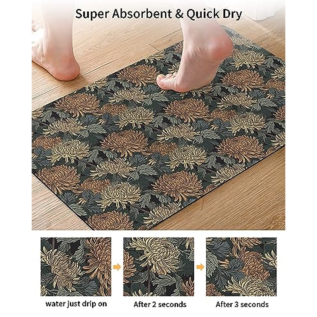 Dahlia Flower Bath Mat for Tub,Non Slip Bathroom Floor Runner Rug Quick Dry & Absorbent Diatomaceous Earth Kitchen Room Shower Sink Washable Doormat,Country Farmhouse Chrysanthemum Floral 16"x24"