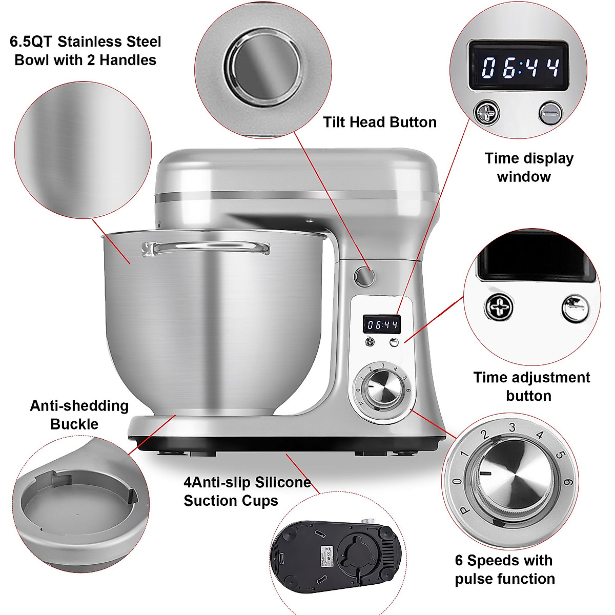 Biolomix Kitchen Electric Stand Mixer, 6-Speed Tilt-Head Food Mixer with 6.5-QT Stainless Steel Bowl, Dough Hook, Flat Beater, Whisk and Anti-Splash Cover (6.5-QT, Light Silver