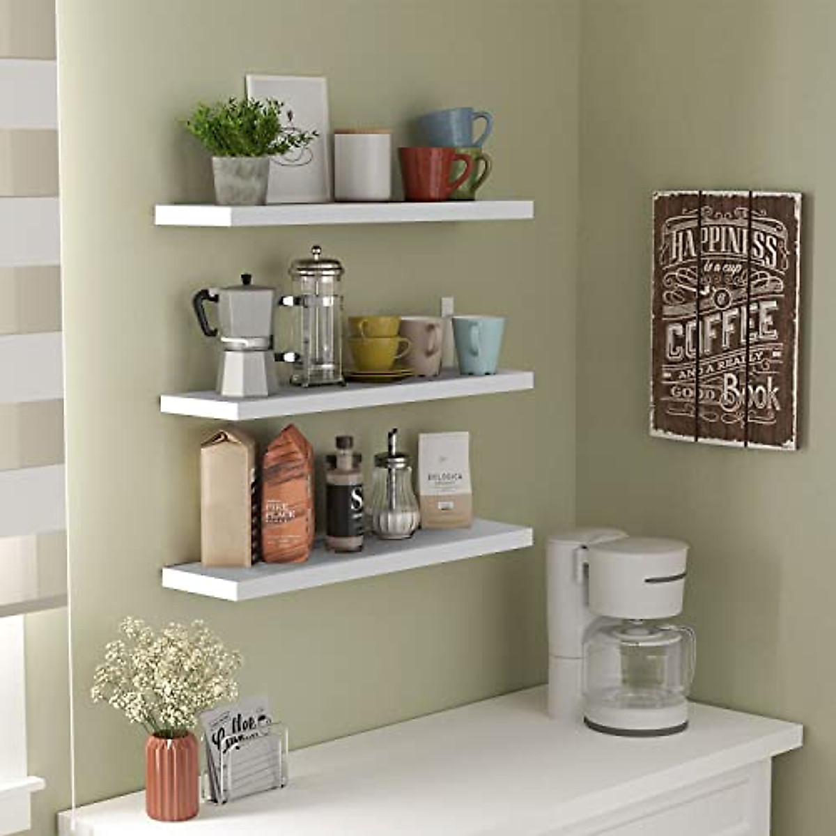 Set of 3 Floating Shelves,Wall Mounted Floating Storage Shelves,White Finish Wall Mount Shelf Sets, Wood Wall Shelves for Decor and Display,Be Used for Kitchen, Bathroom,Living Room, Bedroom and More.