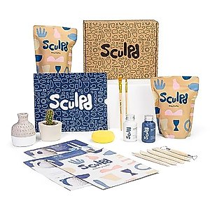 Sculpd Pottery Kit, Air-Dry Clay Starter Kit for Beginners with Gloss Varnish, Pottery Kit includes: Paint, Tool Set, Paintbrushes, Sponge and Step-by-Step Guide, Air Drying Clay Kit for Adults