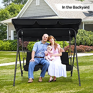VINGLI 2 Person Outdoor Patio Swing Set, Adjustable Canopy Swing with Cushion, Heavy Duty 550 LBS Porch Swing with Steel Frame Suit for Yard, Garden, Lawn, Black