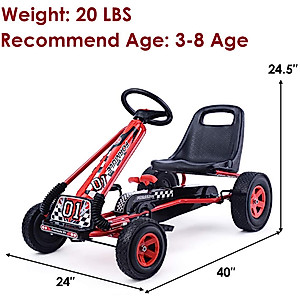 Costzon Go Kart for Kids, 4 Wheel Off-Road Pedal Go Cart w/Adjustable Seat, Steering Wheel, 2 Safety Brakes, EVA Rubber Tires, Ride-On Toys for Boys & Girls, Outdoor Racer Ride On Pedal Car (Red)