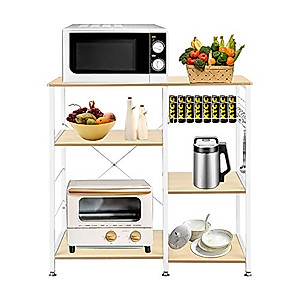 Baker's Rack 3 Tier Utility Storage Shelves with 5 Hooks Standing Storage Rack Floor Spice Rack Storage Shelf Organizer and Shelving Heavy Duty for Kitchens Microwave Living Room Bedroom (White)