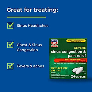 Rite Aid Daytime Severe Sinus Congestion & Pain Relief - Acetaminophen, 325 mg - 24 Caplets | Multi-Symptom Non-Drowsy | Sinus Relief | Cold and Flu Medicine | Severe Cold & Sinus Medicine for Adults