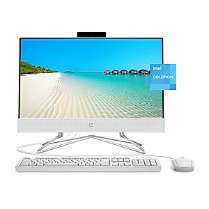 HP 2022 Newest All-in-One Desktop, 21.5" FHD Display, Intel Celeron G5905T, 8GB RAM, 256GB PCIe SSD, Webcam, WiFi, HDMI, RJ-45, Wired Keyboard&Mouse, DVD-RW, Windows 11 Home, White