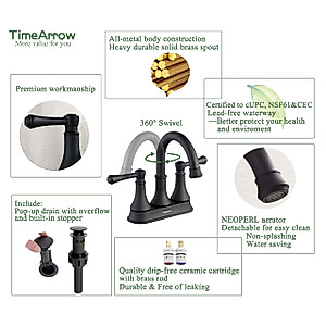 TimeArrow Matte Black 2 Handle Centerset Bathroom Sink Faucet 3 Holes with Drain Assembly, High Arc Modern 4 Inch Bathroom Vanity Lavatory Faucet with Brass 360° Swivel Spout, TAF067Y-MB