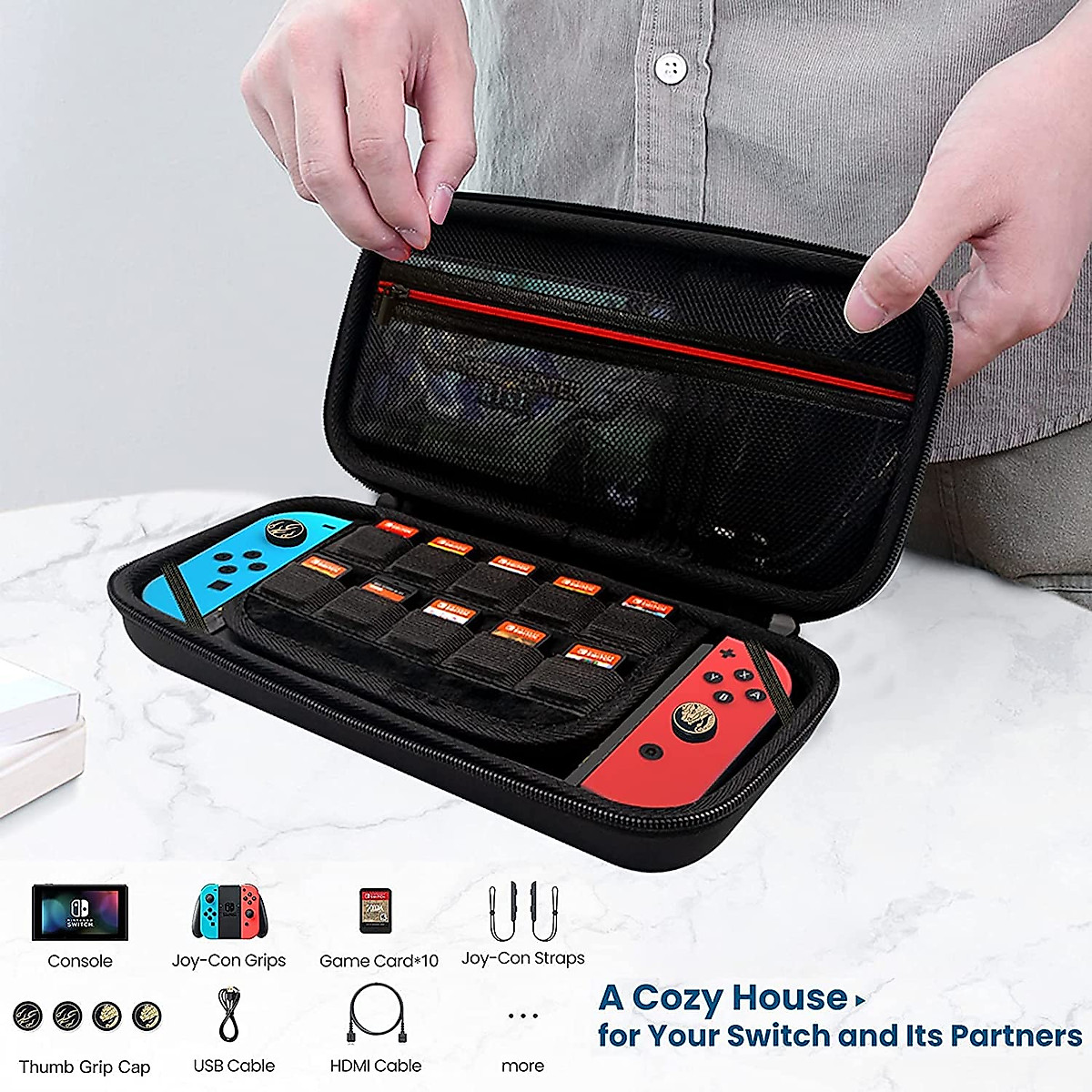 Frusde for Switch Carry Case Monster Hunter Rise, Portable Carrying Case for Switch with 4 MHR Silicone Thumb Grip Caps, Travel Case Cover with 10 Playing Card Slots for Switch Console & Accessories