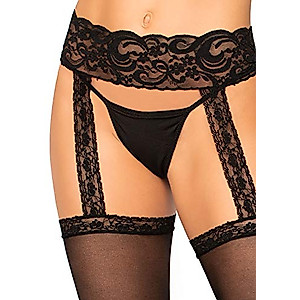 Leg Avenue womens Sheer Stockings With Attached Garter Belt Hosiery, Black Lace, Queen US