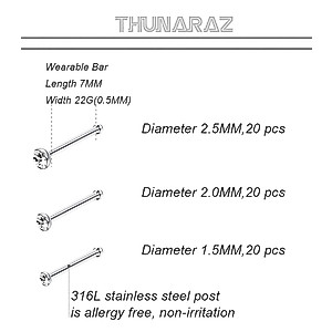 THUNARAZ 60pcs Stainless Steel Nose Studs Rings Piercing Pin Body Jewelry 22G 1.5mm 2mm 2.5mm White