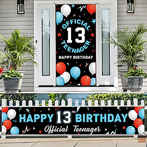 HTDZZI 13th Birthday Backdrop Banner Decorations Kit, Happy 13th Birthday Decoration for Boys Girls, Official Teenager 13 Year Old Birthday Party Door Yard Sign Photo Props Supplies, Fabric, Blue