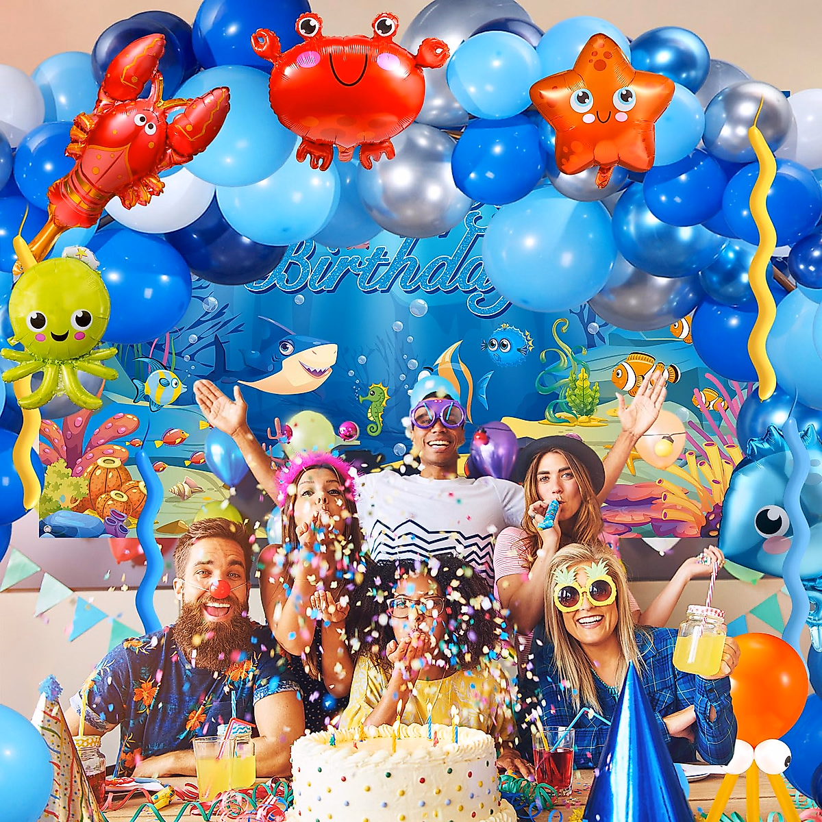 Capoda 143 Pcs Sea Party Supplies Birthday Backdrop Ocean Animal Balloons Ocean Theme Birthday Party Decorations Ocean Balloons Background Banner for Ocean Beach Underwater Birthday Decor
