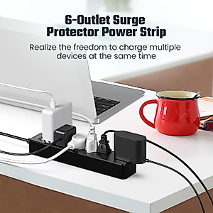 SUPERDANNY 6-Outlet Surge Protector Power Strip, 4.5 Ft Extension Cord, 900 Joules, Overload Switch, Standard Plug, Grounded, Integrated Circuit Breaker, Wall Mount, for Home, Office, Black