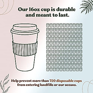 FEBU Plant-Based Reusable Coffee Cup with Lid and Sleeve | 16oz, Moon Black | Portable Travel Mug made from Bamboo | Dishwasher Safe, Compostable, Plastic Free with Leak-Proof Screw-on Lid