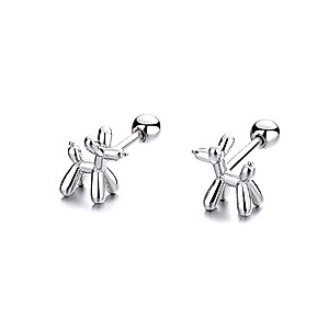 18G Cute Balloon Dog Cartilage Stud Earrings 925 Sterling Silver Gold Plated Lovely Animal Pet Tragus Helix Earring Conch Daith Piercing Studs Post Barbell Bar for Women Hypoallergenic (White Gold)