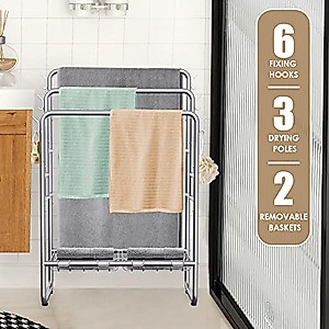 40" H Standing Towel Rack with 2 Storage Baskets & 6 Hooks, 3 Tier Silver Metal Towel Holder for Extra Large Towel, Modern Industrial Blanket Ladder Display and Drying Rack for Bedroom Bathroom