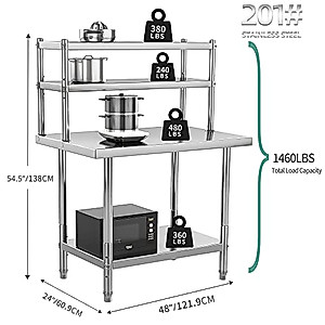 YITAHOME Stainless Steel Table with Overshelves, 48" X 24" Work Table with 48" X 12" Shelf, Metal Table Prep Table for Home Kitchen Restaurant Garage Warehouse