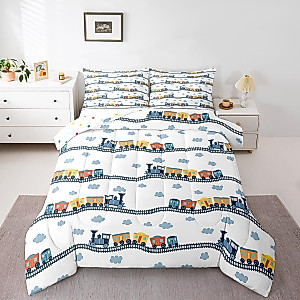 Erosebridal Kids Train Comforter Set Twin for Boys Girls Cartoon Car Bedding Set Steam Engine Bedding Comforter Sets Railway Vehicles Duvet Transportation Truck Quilt Comforter with 1 Pillow Sham
