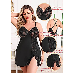 Avidlove Sexy Plus Size Lingerie Satin Lace Babydoll Mesh Strap Chemise Halter V Neck Black 22W