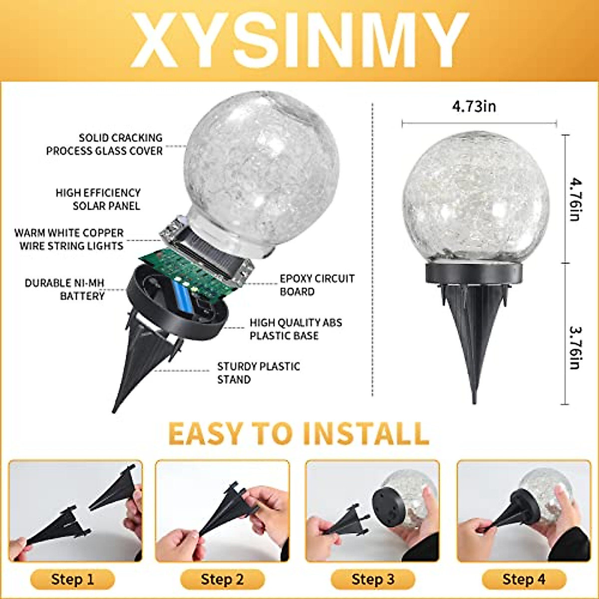 XKSINMY Solar Globes Lights Outdoor Garden Decor Solar Balls for Garden Crackle Glass Solar Lights 1 Pack for Outdoor Decor Decorations Pathway Patio Yard Lawn