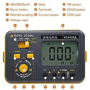 VC4105A Earth Resistance Tester Digital Grounding Resistance Meter 20/200/2000Ω Ground Resistance 750V AC Voltage Measure Backlight LCD Display Data Hold