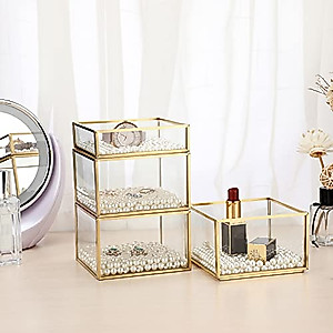 Hipiwe 4-Tiered Gold Glass Jewelry Box Stackable Trinket Organizer Decorative Glass Box Q-tip Holder Cotton Ball and Swab Storage Holder for Bathroom Dresser Office Countertop