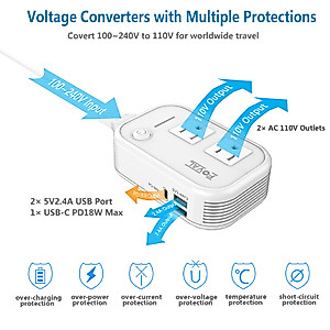 Step Down Power Converter - FOVAL 230W Travel Voltage Converter 220V to 110V International Power Adapter with [Upgraded 18W PD USB-C] 3 USB Ports 2 AC Outlets US to Europe Italy UK AU Plug (White)